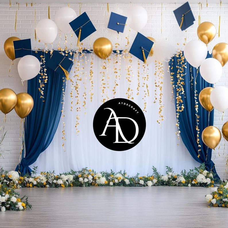 Blue and Gold Graduation Backdrop | Elegant Cap Toss and Balloon Arch ...