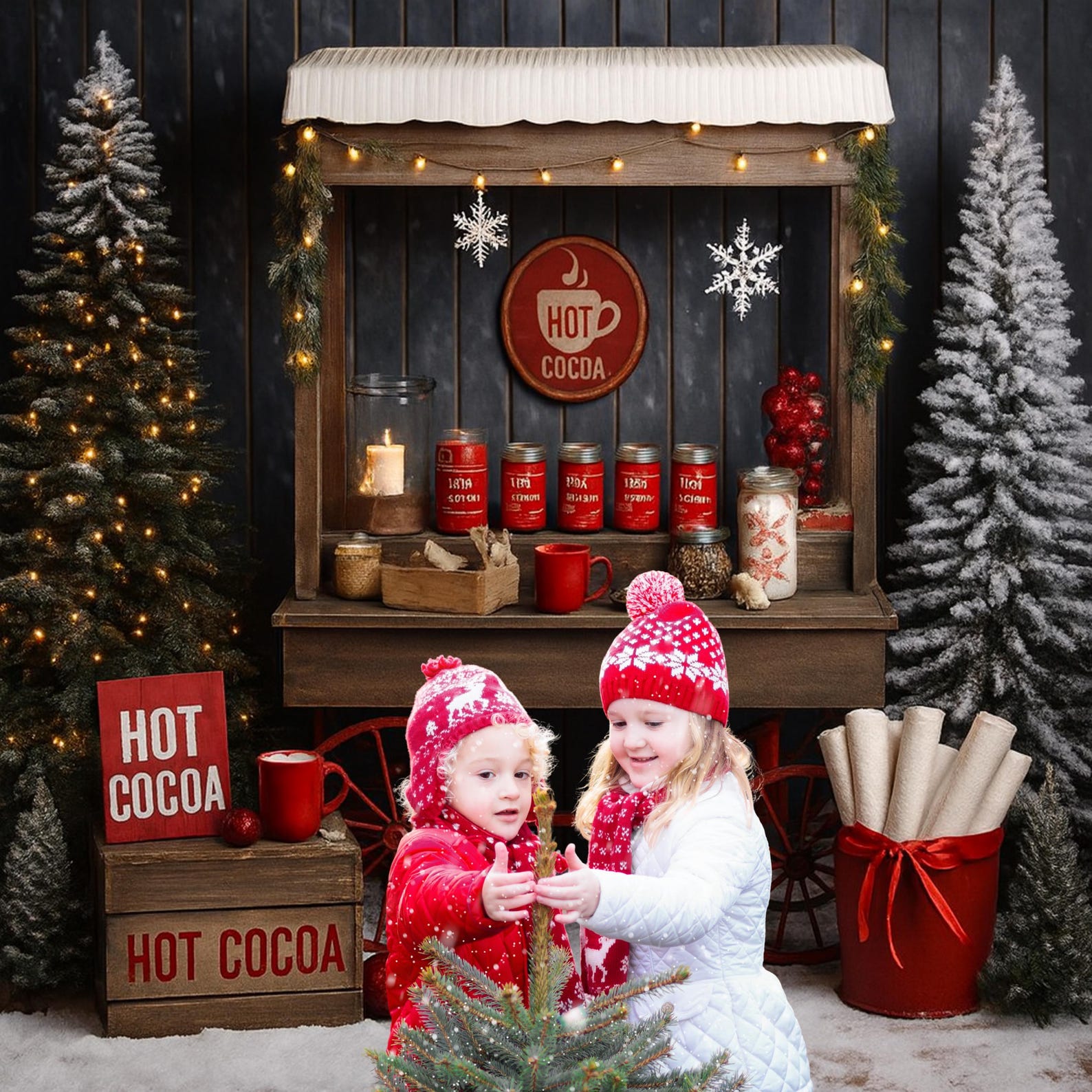 Hot Cocoa Wagon Christmas Backdrop: Rustic Holiday Market Scene ...