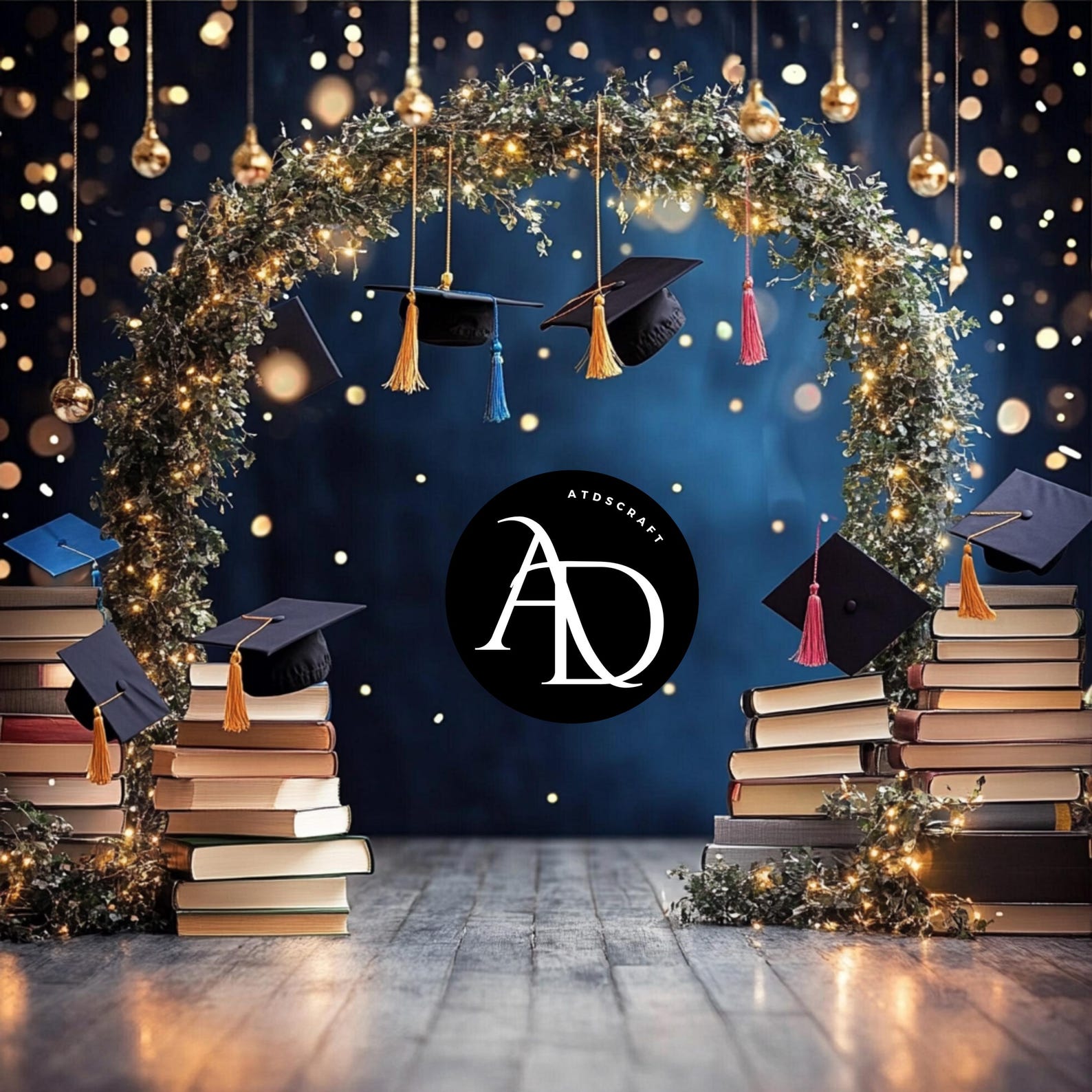 Graduation Sparkle Night Backdrop | Books, Cap Toss, and Fairy Lights ...