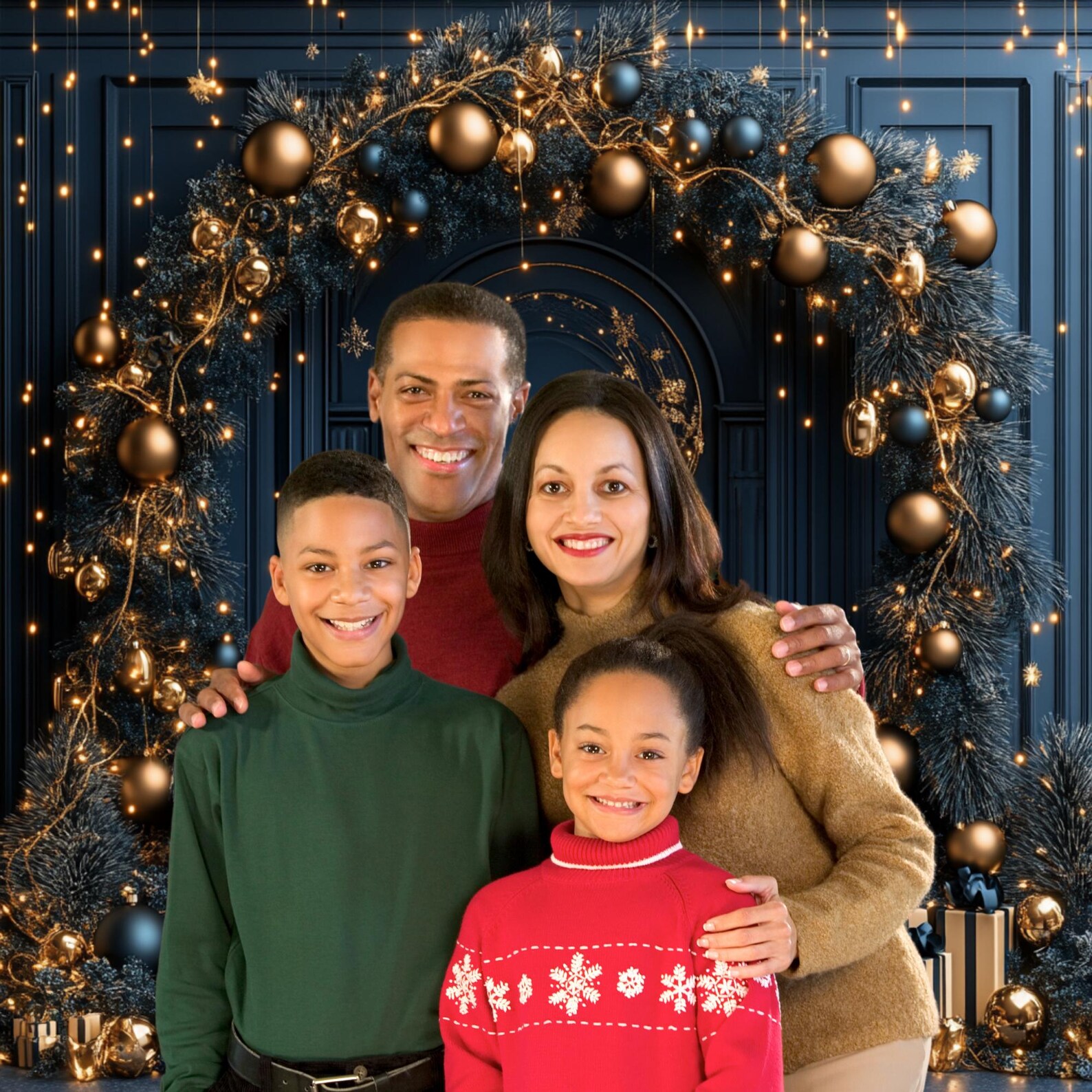 Blue Gold Arched Christmas Living Room Digital Backdrop Bundle ...