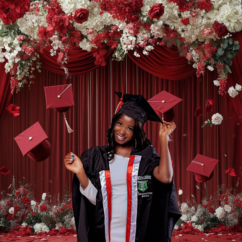 Luxury Red Graduation Backdrop | Red Cap Toss With Roses | Digital ...