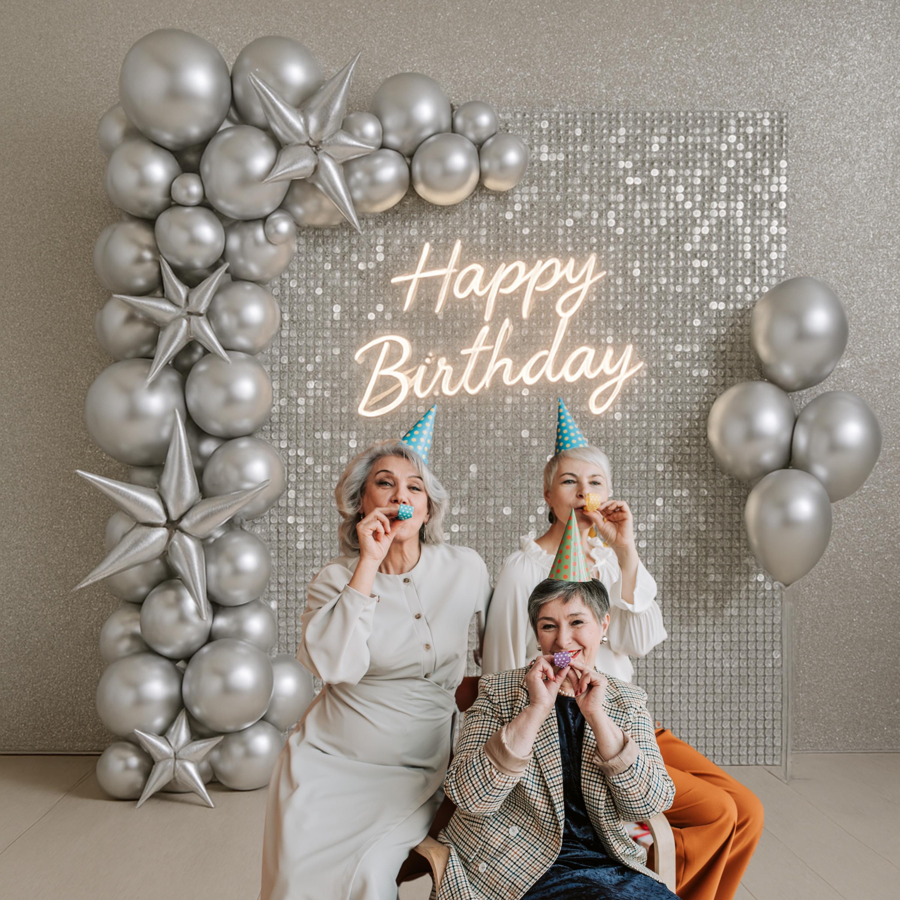 Silver Happy Birthday Digital Backdrop - Metallic Balloon Arch & Sequin ...