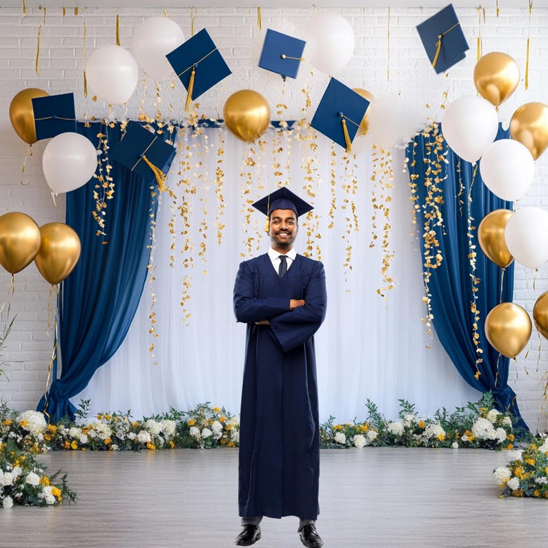 Elegant Blue Graduation Backdrop | Gold Confetti, Balloons, and Cap ...