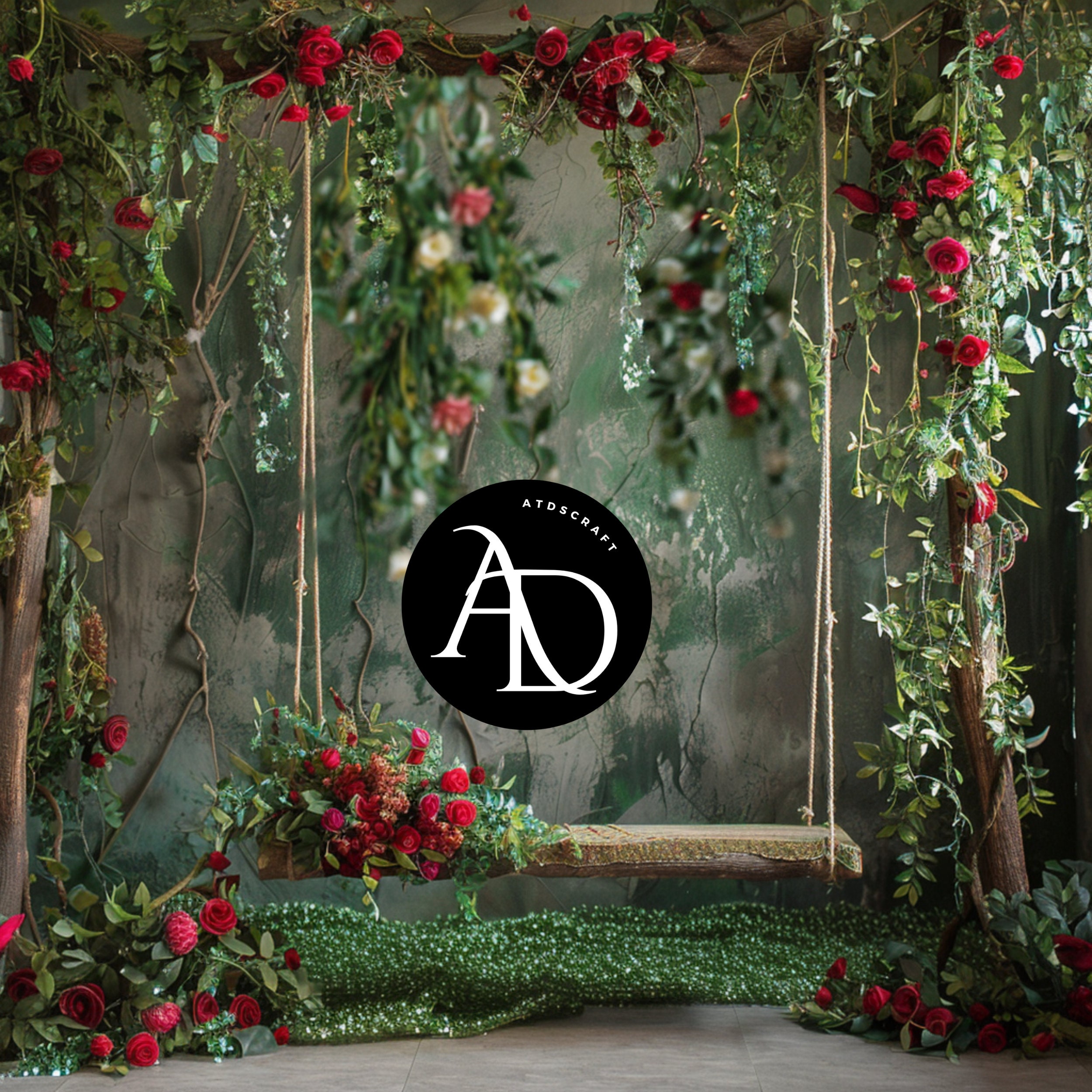 Red Rose Swing Digital Backdrop - Greenery - Red Flowers, Willow Hoop ...