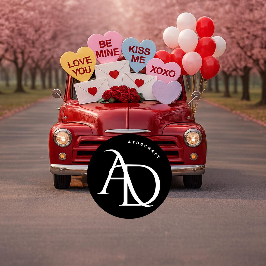 Vintage Cupid Delivery Valentine Backdrop, Red Truck With Balloons and ...