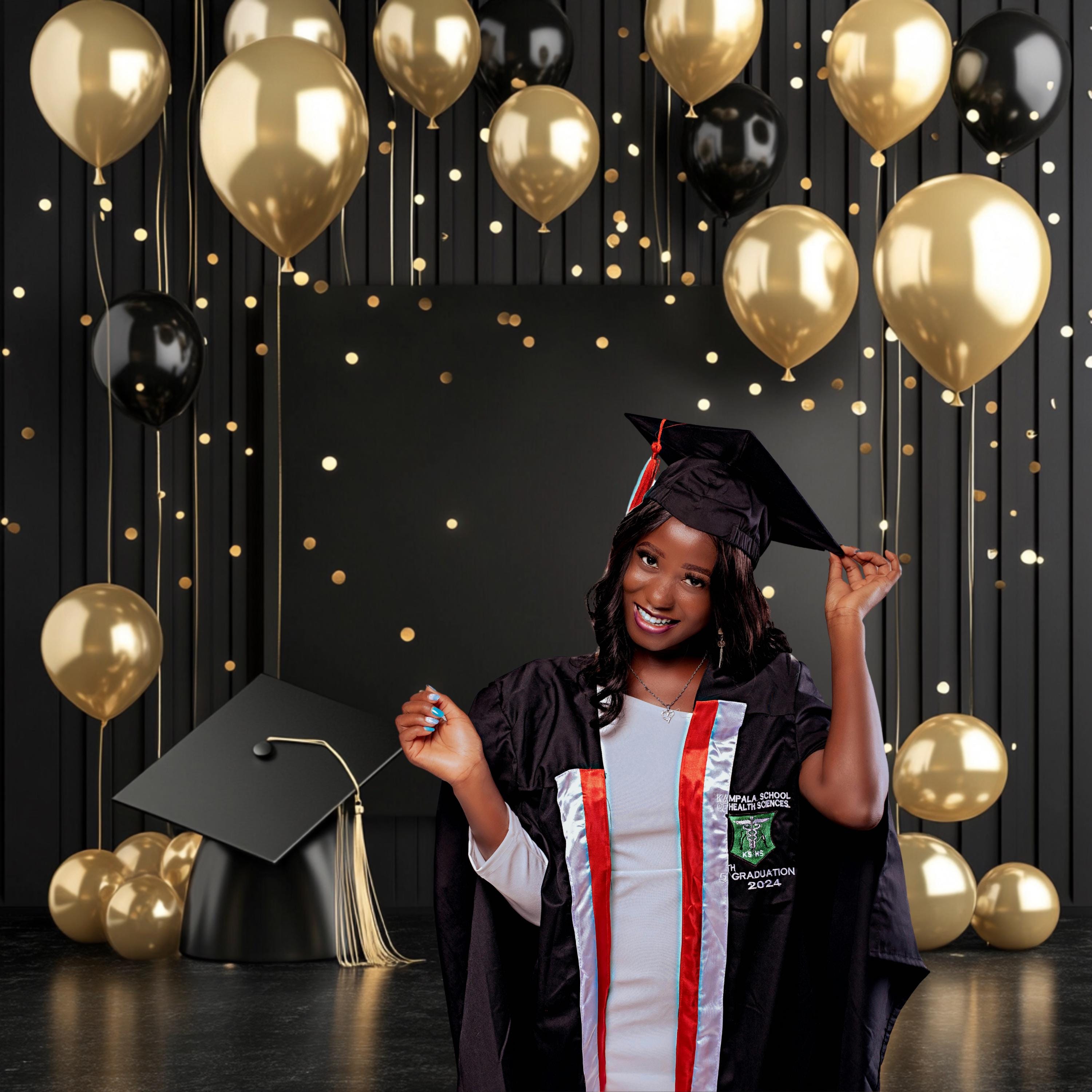 Black and Gold Graduation Backdrop | Elegant Cap and Balloon Setup ...