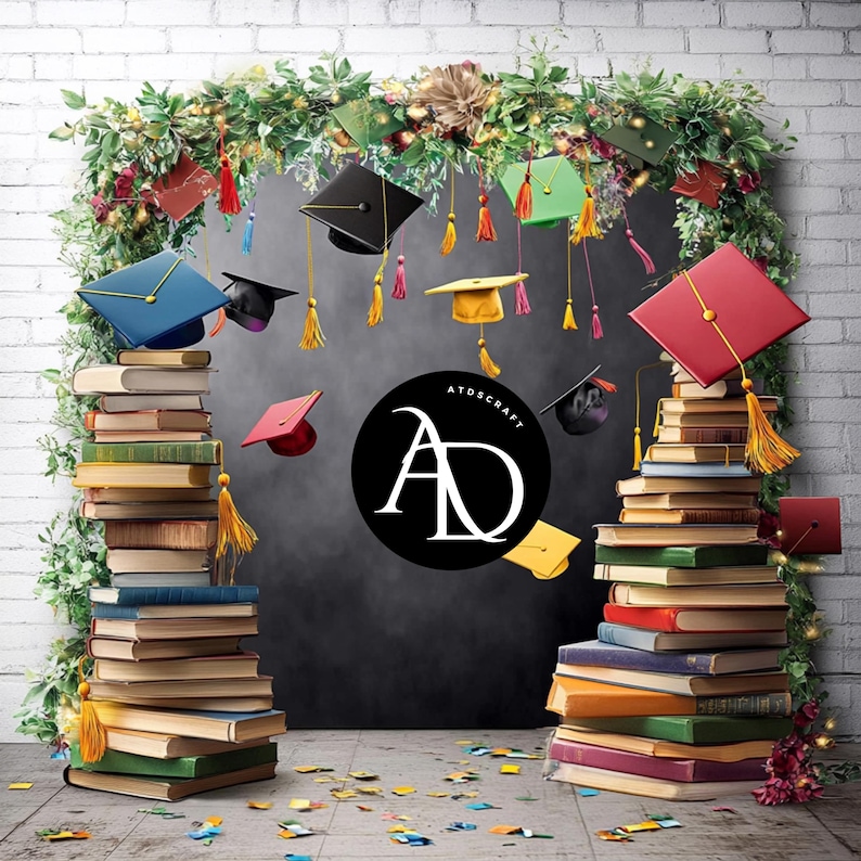 Graduation Studio Photo Backdrop | Colorful Cap Toss With Books ...