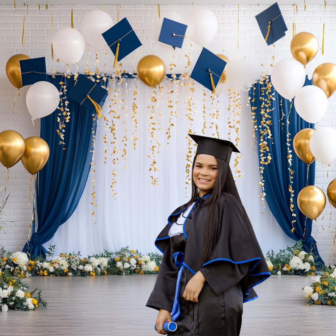 Elegant Blue Graduation Backdrop | Gold Confetti, Balloons, and Cap ...