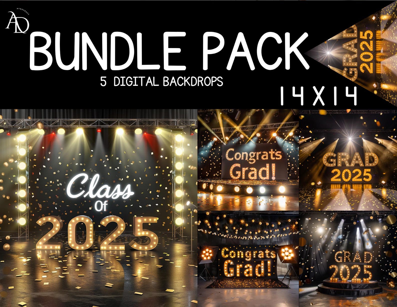 Class of 2025 Stage Graduation Backdrop Bundle | 5 Digital Backgrounds ...
