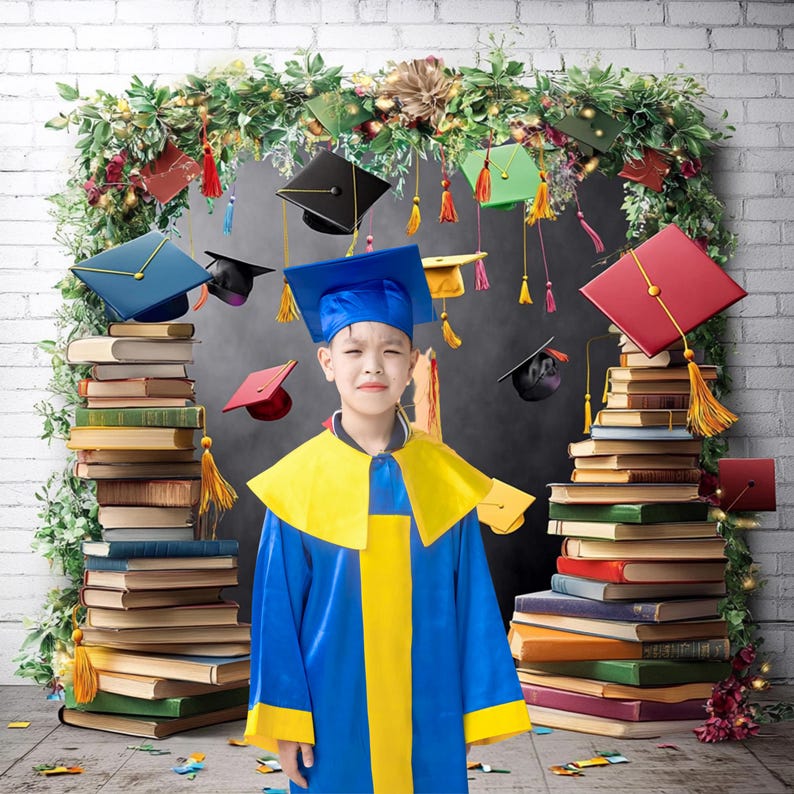 Graduation Studio Photo Backdrop | Colorful Cap Toss With Books ...