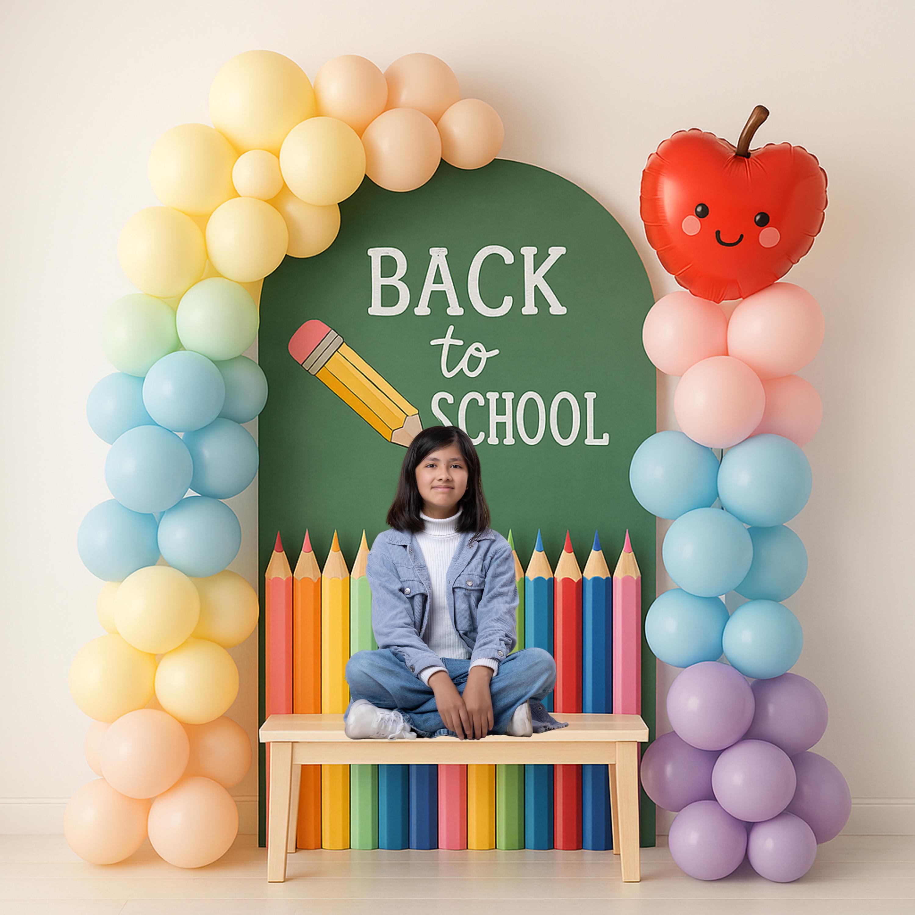 Back to School Green Arch Digital Backdrop With Pencil Wall & Balloon ...