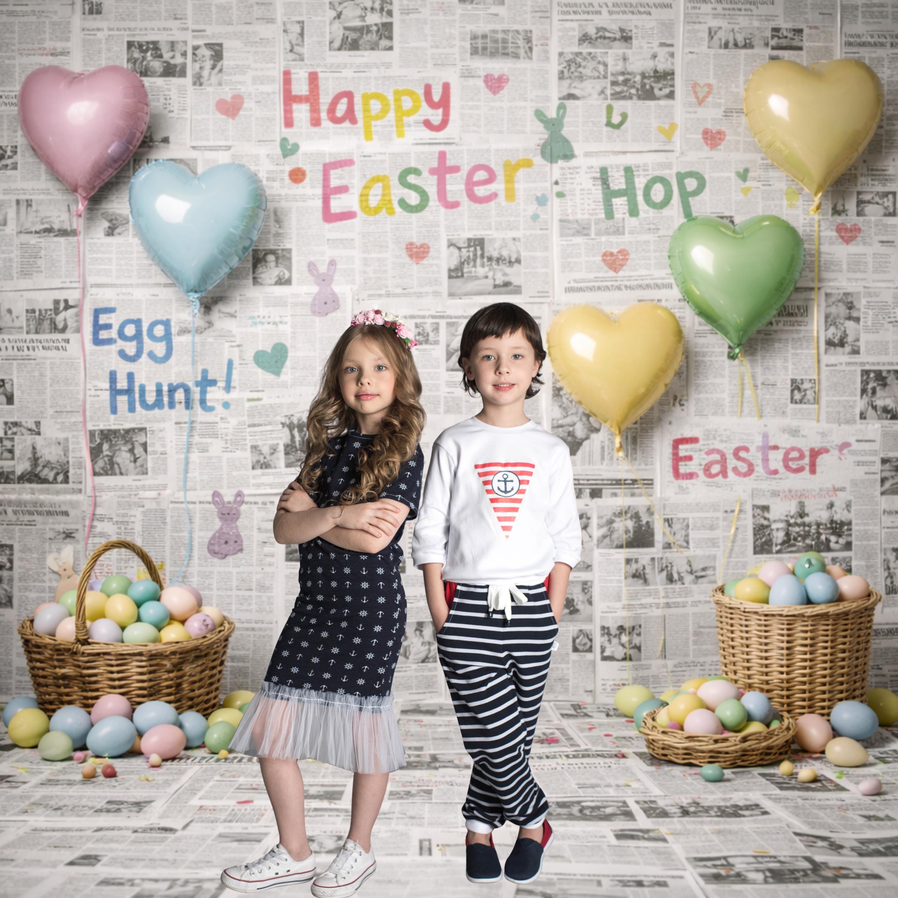Easter Newspaper Backdrop Photo | Heart Balloons Egg Hunt Easter ...