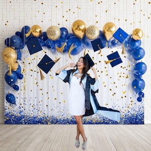 Blue and Gold Graduation Backdrop | Elegant Cap Toss and Balloon Arch ...