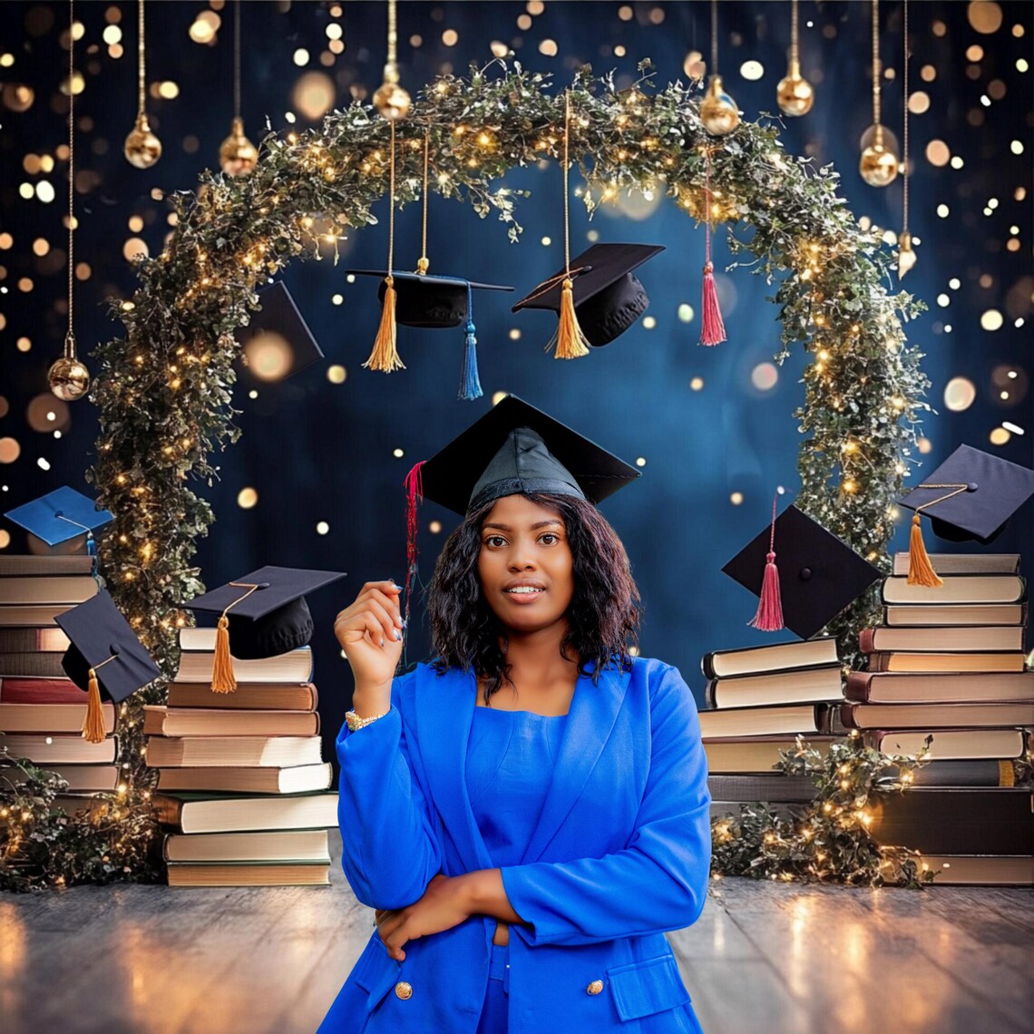 Graduation Sparkle Night Backdrop | Books, Cap Toss, and Fairy Lights ...
