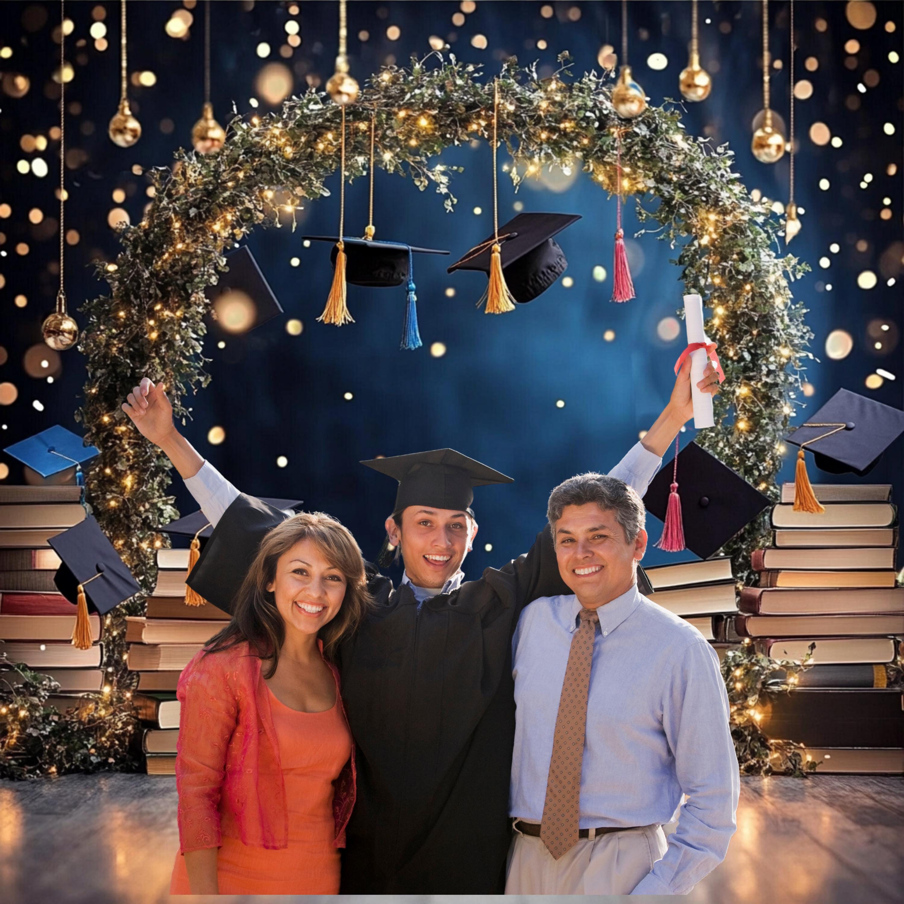 Graduation Sparkle Night Backdrop | Books, Cap Toss, and Fairy Lights ...