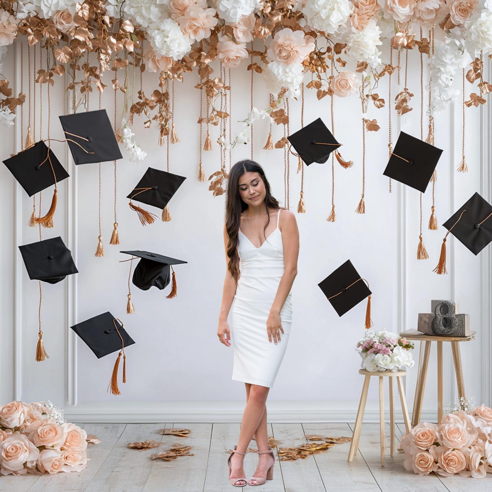 Elegant Graduation Backdrop | Black Caps With Rose Gold Floral Hanging ...