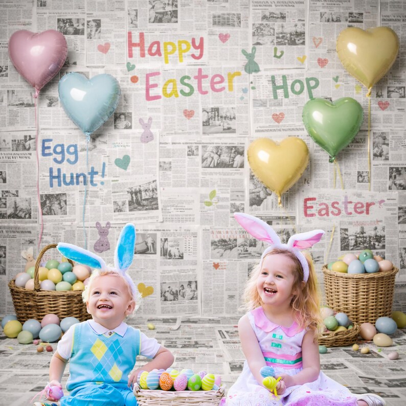 Easter Newspaper Backdrop Photo | Heart Balloons Egg Hunt Easter ...