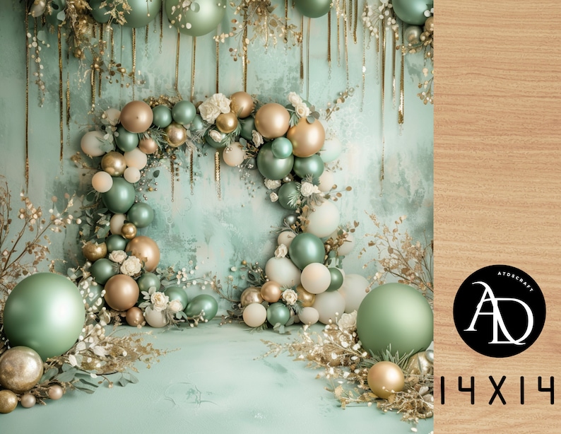 Sage Green Gold Balloon Garland Digital Backdrops, Family Kids ...