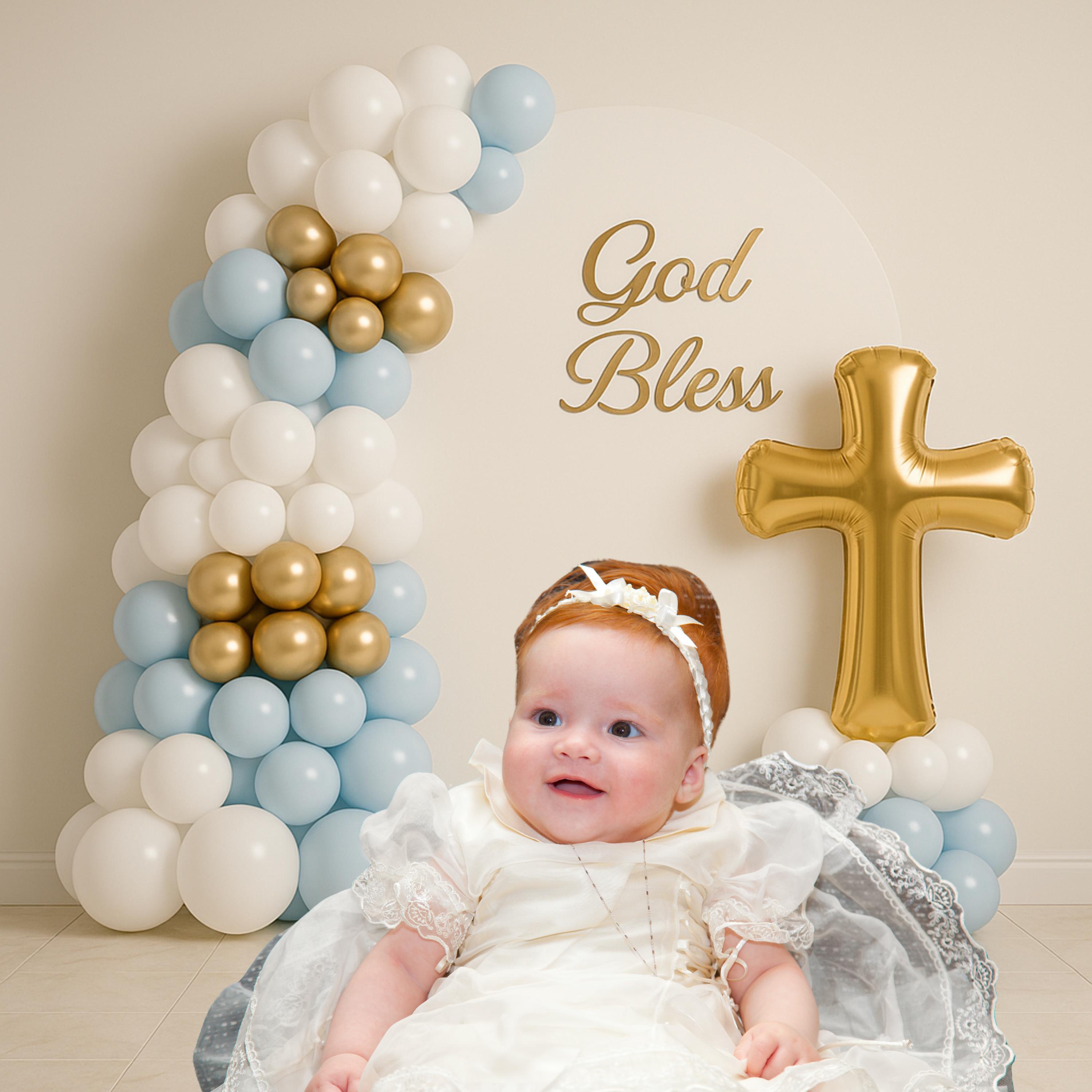 God Bless Baptism Backdrop: Blue, White & Gold Balloons (digital ...