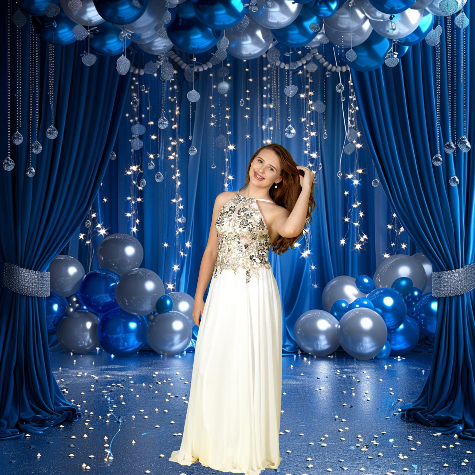 Silver & Blue Balloon Digital Backdrop | Luxury Event Background | Prom ...
