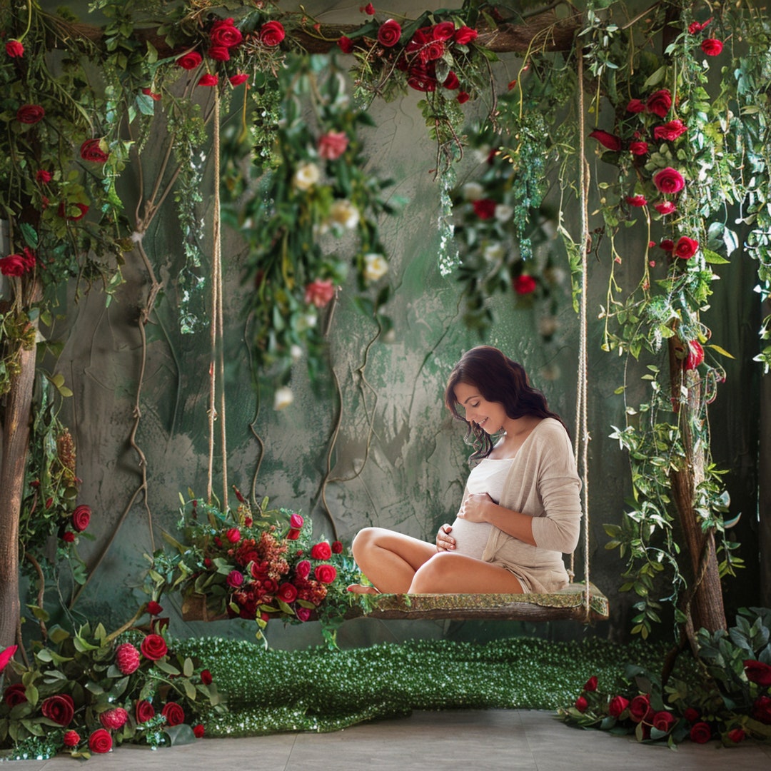 Red Rose Swing Digital Backdrop - Greenery - Red Flowers, Willow Hoop ...