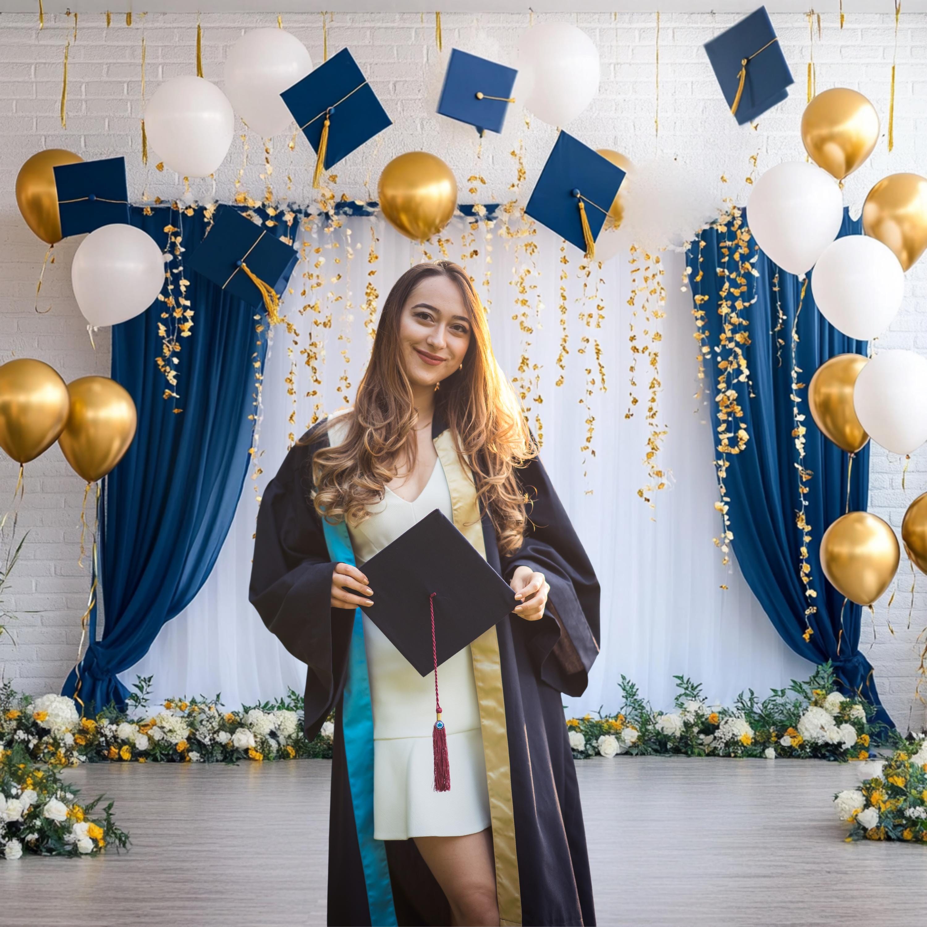 Elegant Blue Graduation Backdrop | Gold Confetti, Balloons, and Cap ...