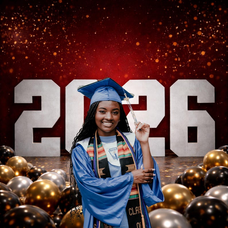 2026 Graduation Backdrop Red Sparkle | Black Gold Silver Balloons ...