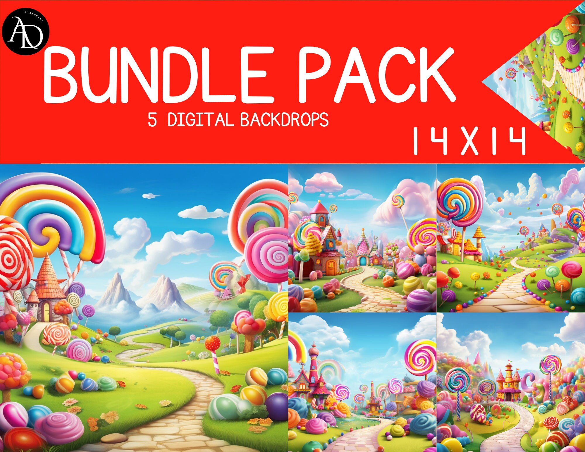 Sweet Lollipop Candy Land Digital Backdrops, Cartoon Rainbow Lollipop ...