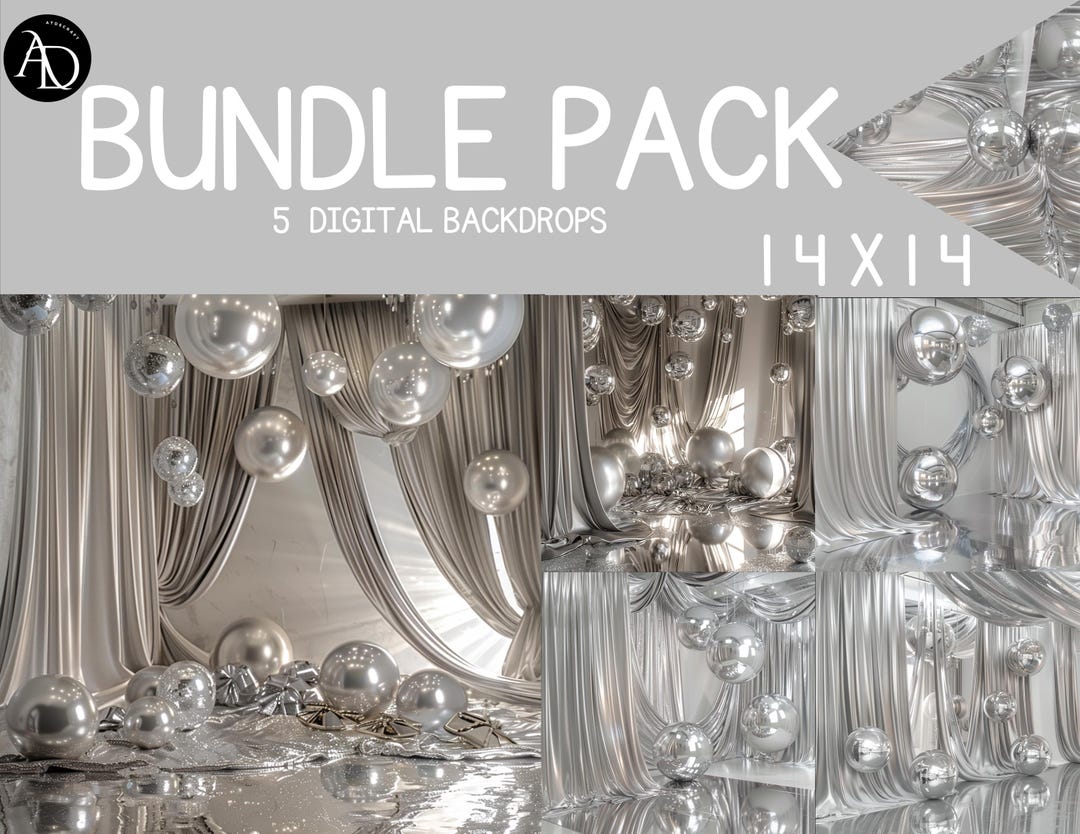 Silver Glam Balloon Backdrop Bundle | 5 Metallic Digital Backgrounds ...