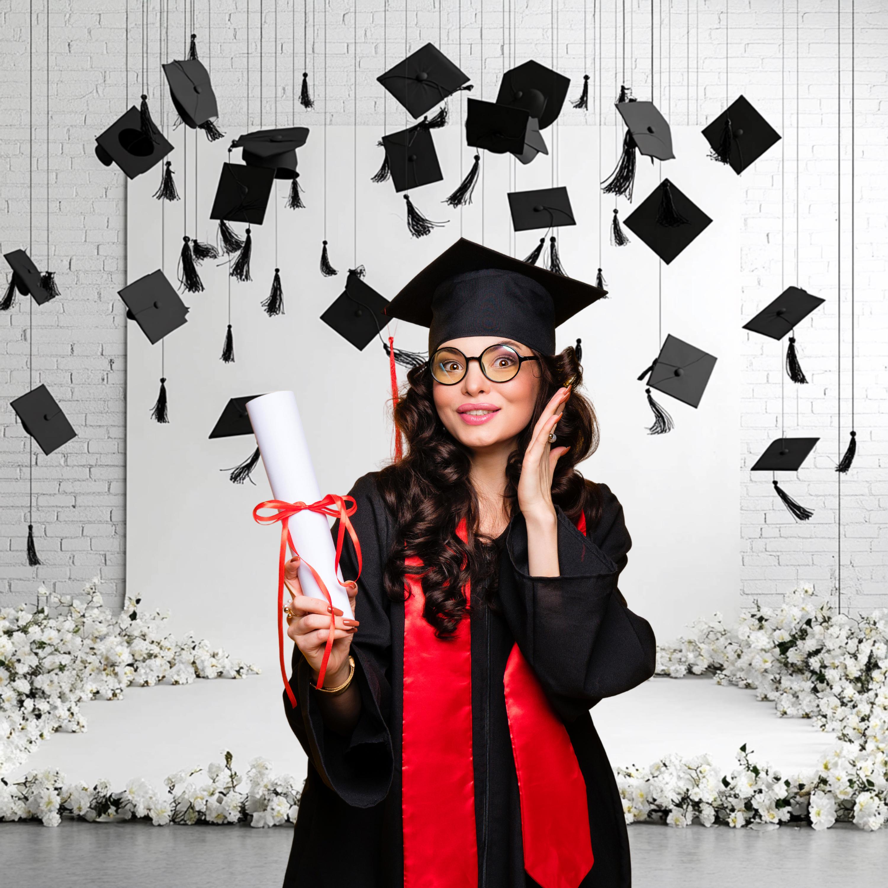 Black and White Graduation Backdrop | Floating Cap Toss With Floral ...