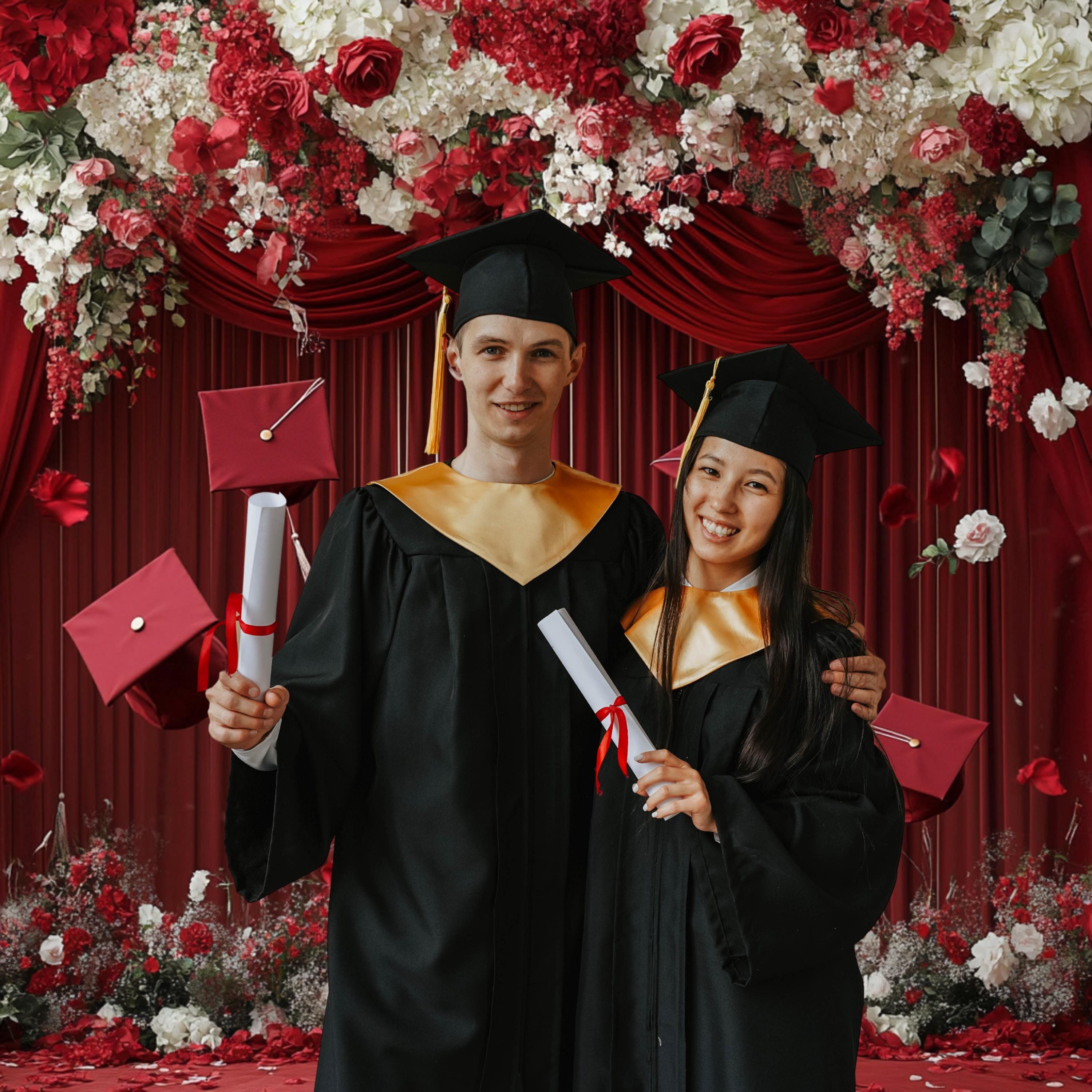 Luxury Red Graduation Backdrop | Red Cap Toss With Roses | Digital ...
