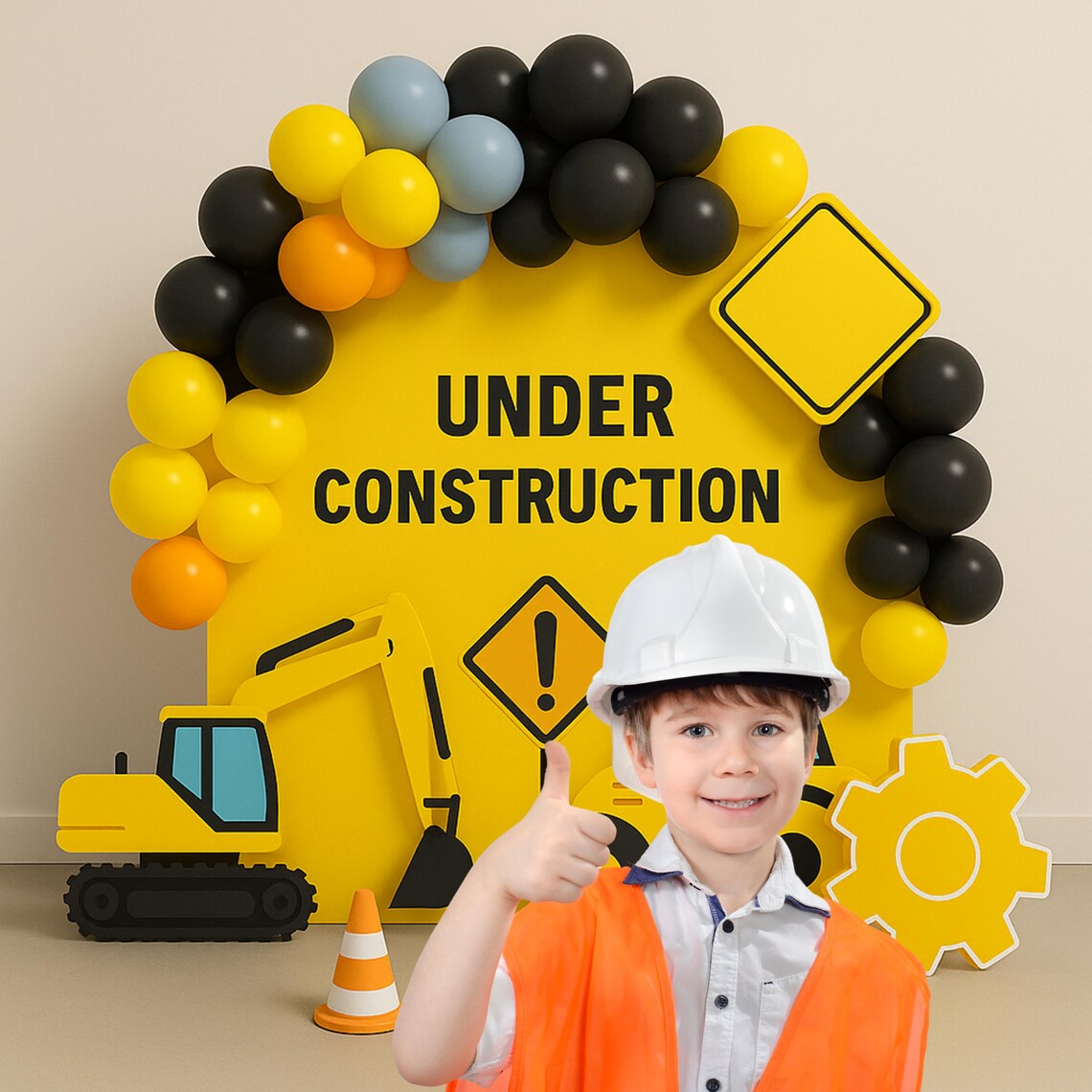 Construction Party Backdrop Bundle: Trucks, Balloons, Caution Signs ...