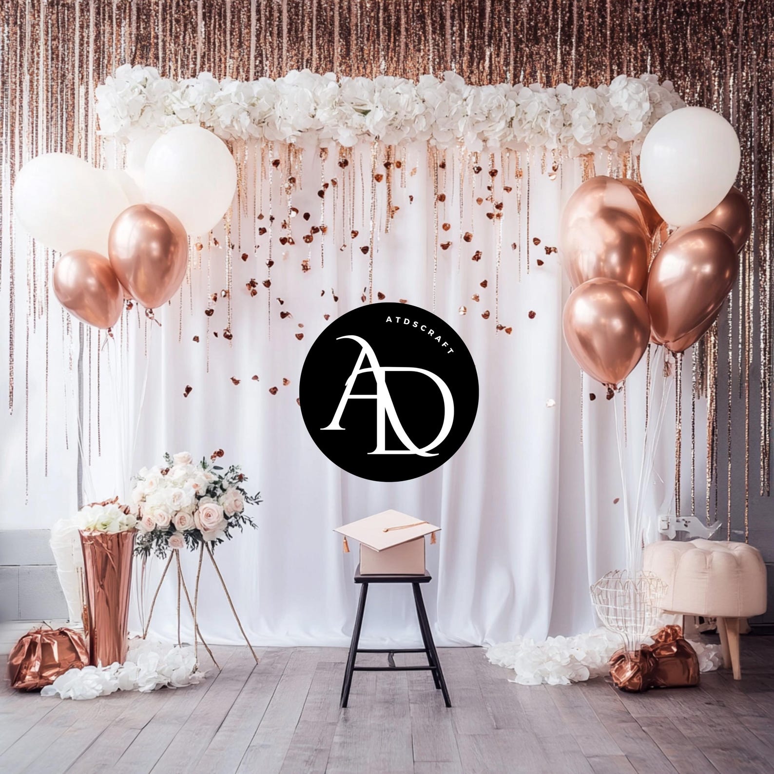 Graduation Party Backdrop | Rose Gold and White Elegant Floral Scene ...
