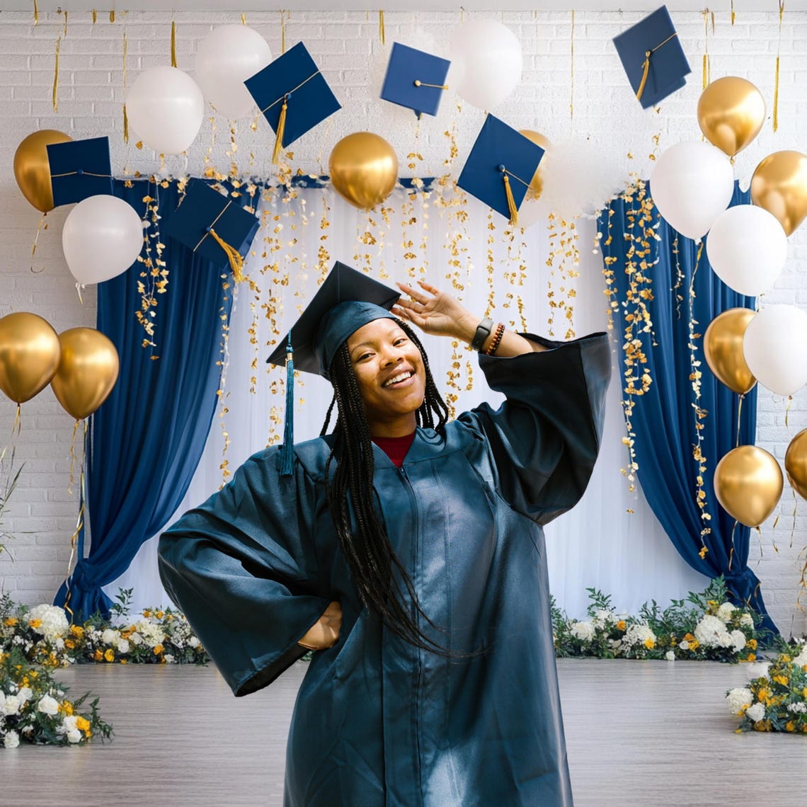 Elegant Blue Graduation Backdrop | Gold Confetti, Balloons, and Cap ...
