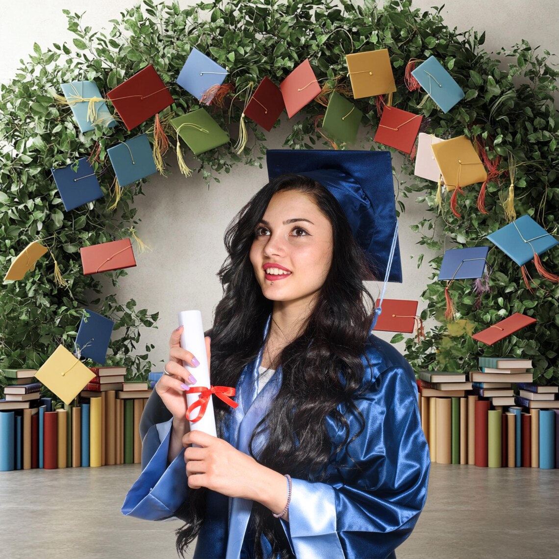 Graduation Books and Caps Backdrop | Vibrant Cap Toss With Book Stacks ...
