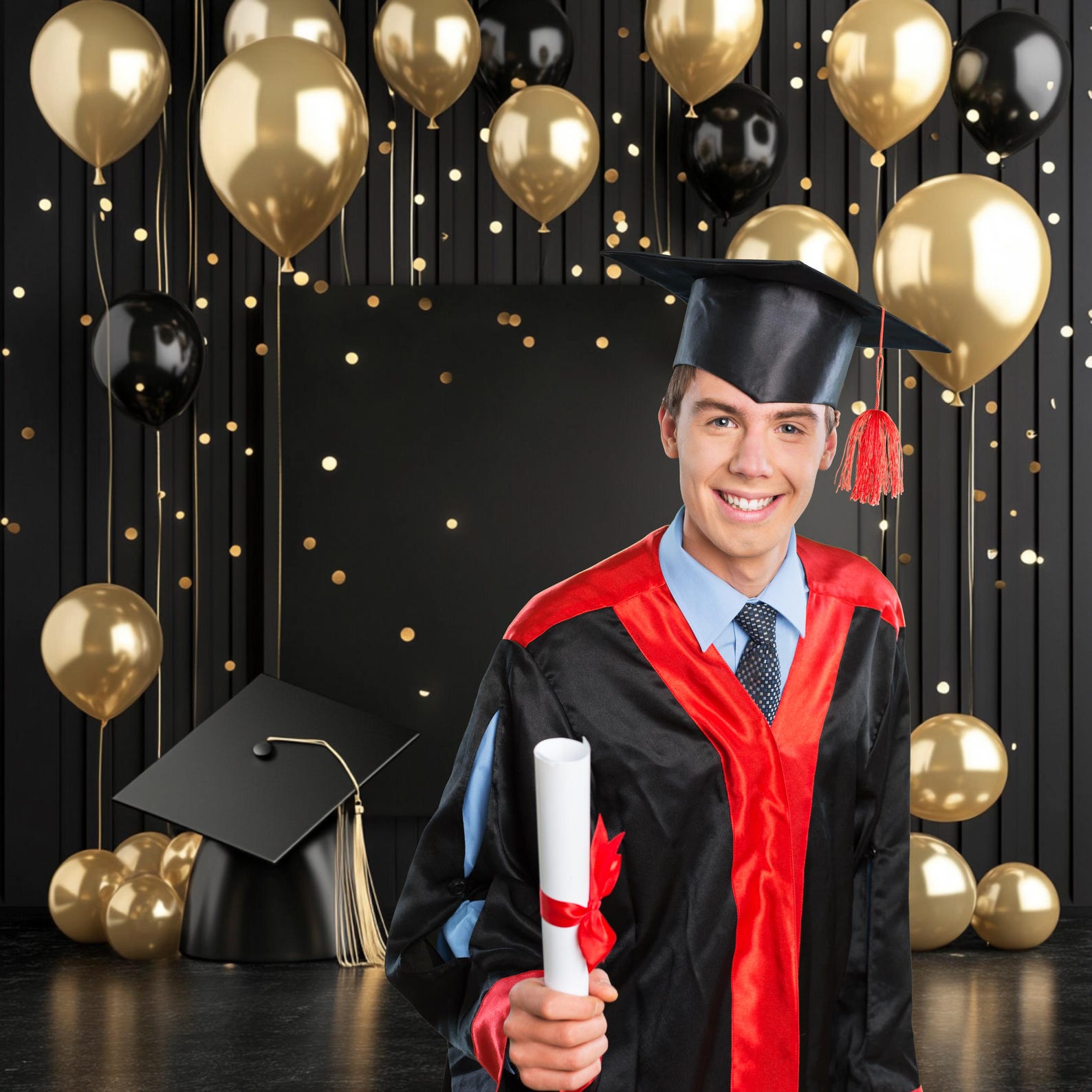 Black and Gold Graduation Backdrop | Elegant Cap and Balloon Setup ...