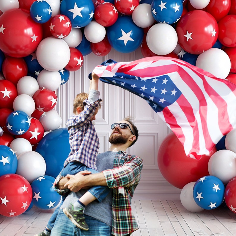 4th of July Digital Background, Red White and Blue Balloon Arch ...