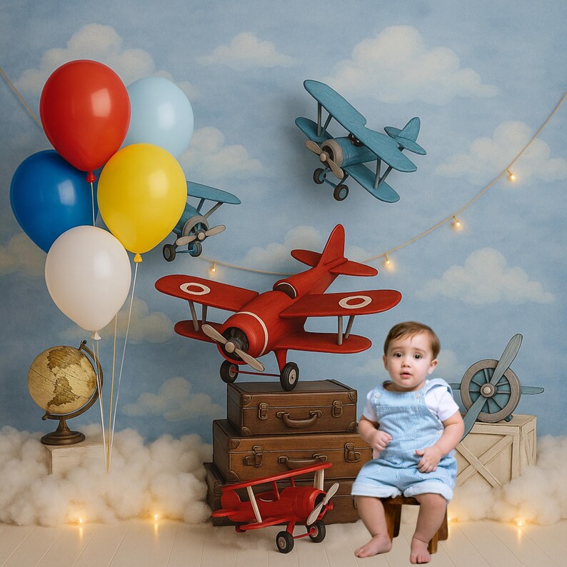 Airplane Birthday Backdrop Bundle, Pilot Party Digital Background, Boy ...
