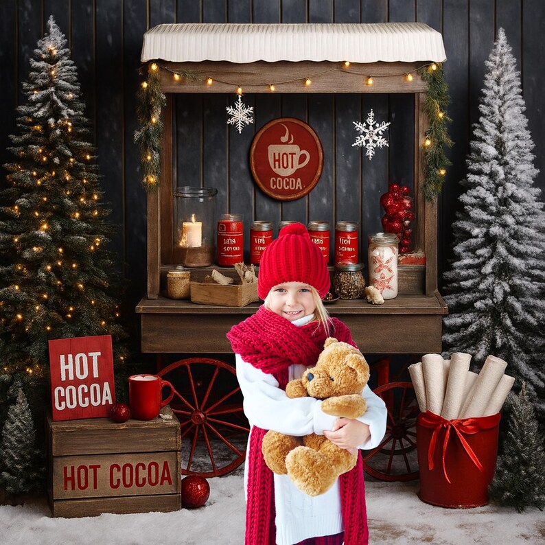 Hot Cocoa Wagon Christmas Backdrop: Rustic Holiday Market Scene ...