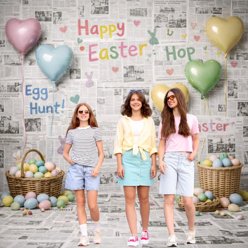 Easter Newspaper Backdrop Photo | Heart Balloons Egg Hunt Easter ...
