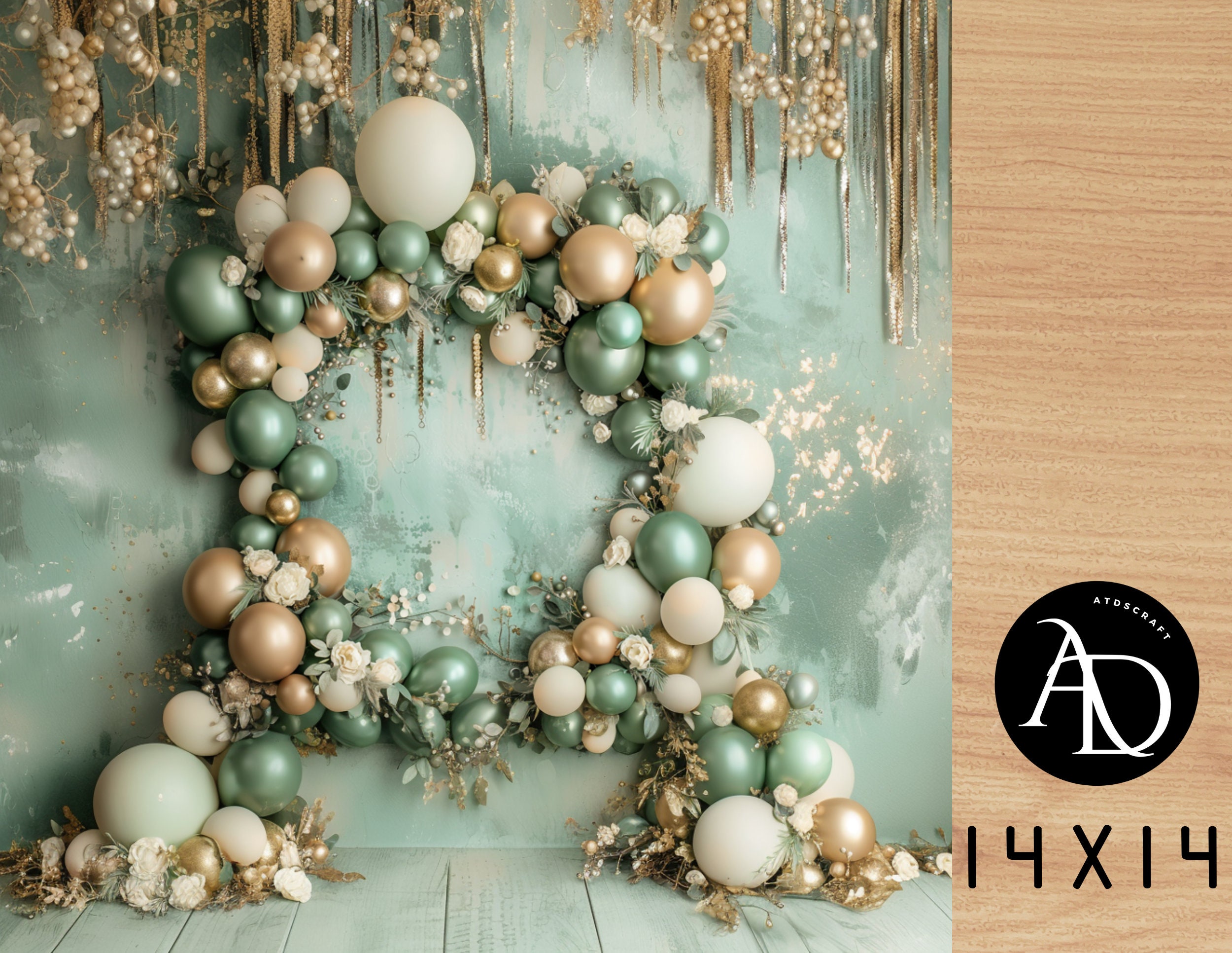 Sage Green Gold Balloon Garland Digital Backdrops, Family Kids ...