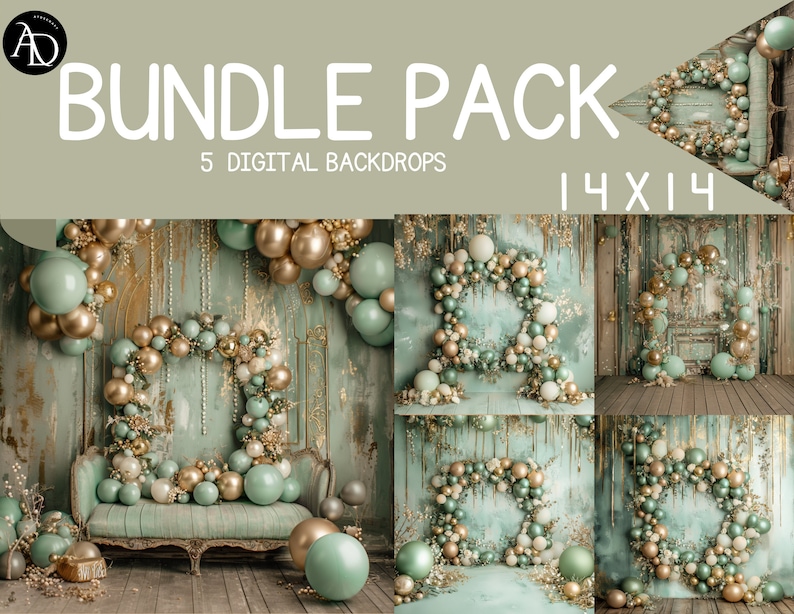 Sage Green Gold Balloon Garland Digital Backdrops, Family Kids ...