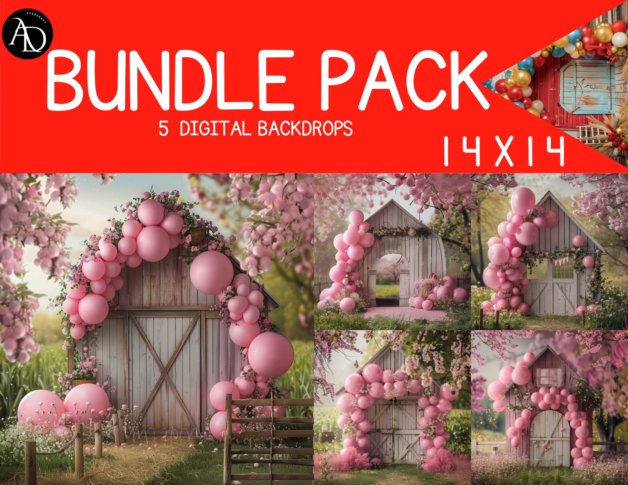Farm Barn Balloon Pink Arch Digital Backdrops, Child Photography Studio ...