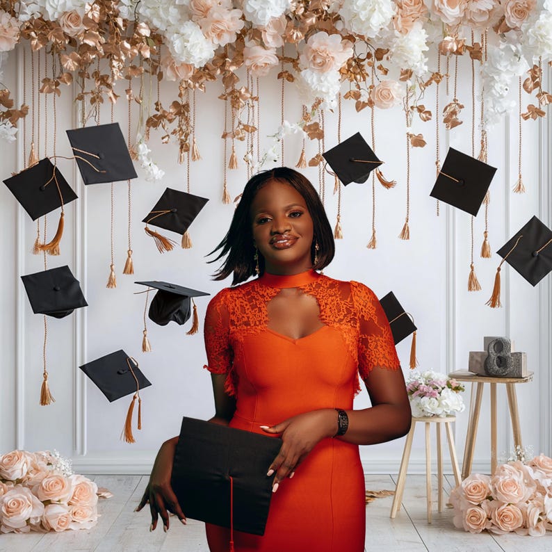 Elegant Graduation Backdrop | Black Caps With Rose Gold Floral Hanging ...