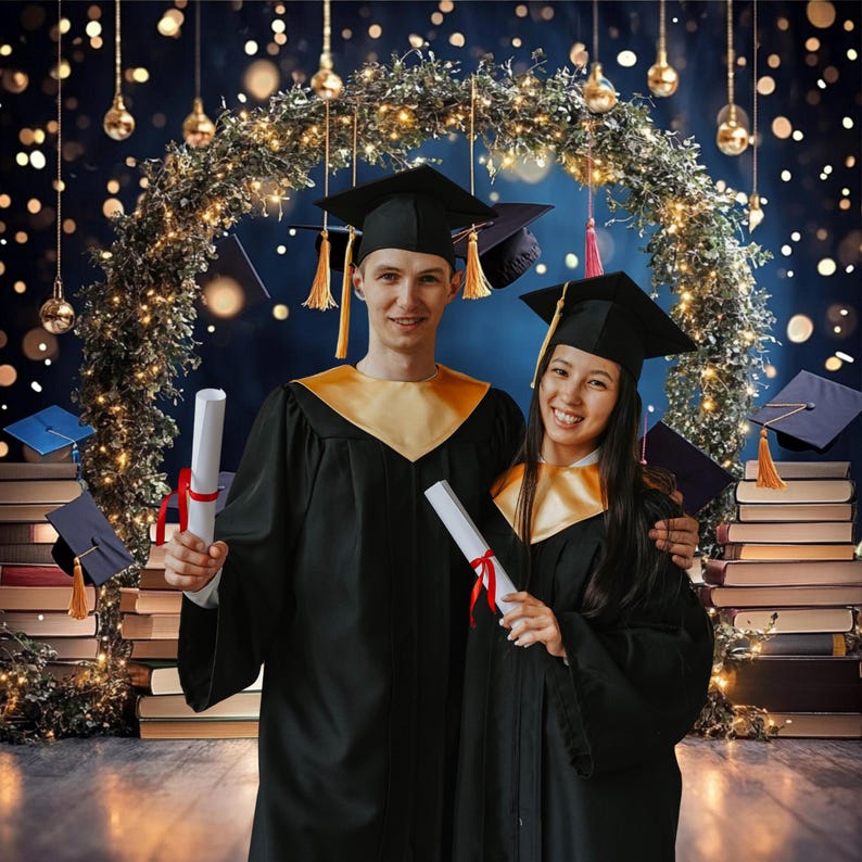Graduation Sparkle Night Backdrop | Books, Cap Toss, and Fairy Lights ...