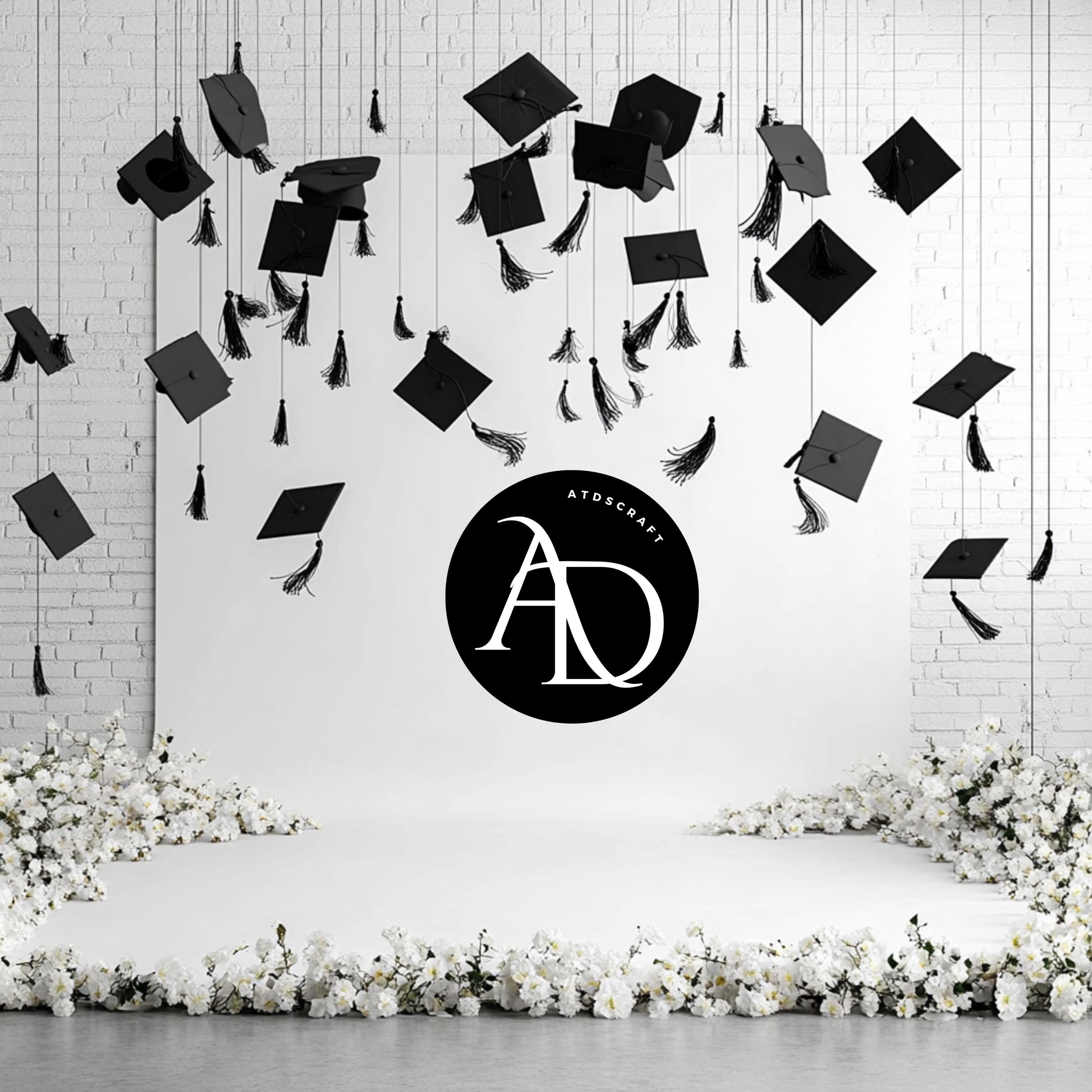 Black and White Graduation Backdrop | Floating Cap Toss With Floral ...