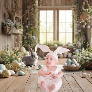 Easter Digital Backdrop Rustic Scene With Bunny Decorated Eggs Spring Backdrop Bunny Digital ...