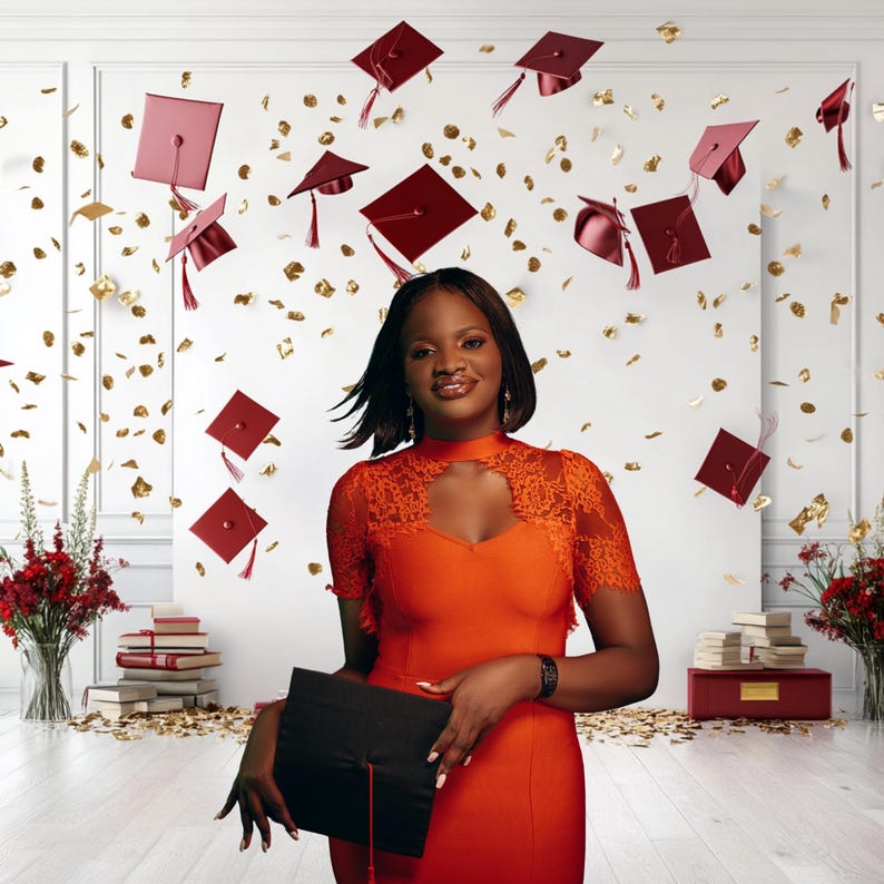 Luxury Graduation Celebration Backdrop | Red Cap Toss With Gold ...