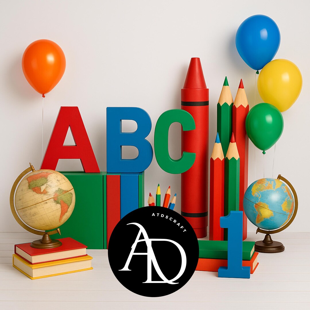 Primary Color School Backdrop: ABC, Balloons, Globes (digital Download ...