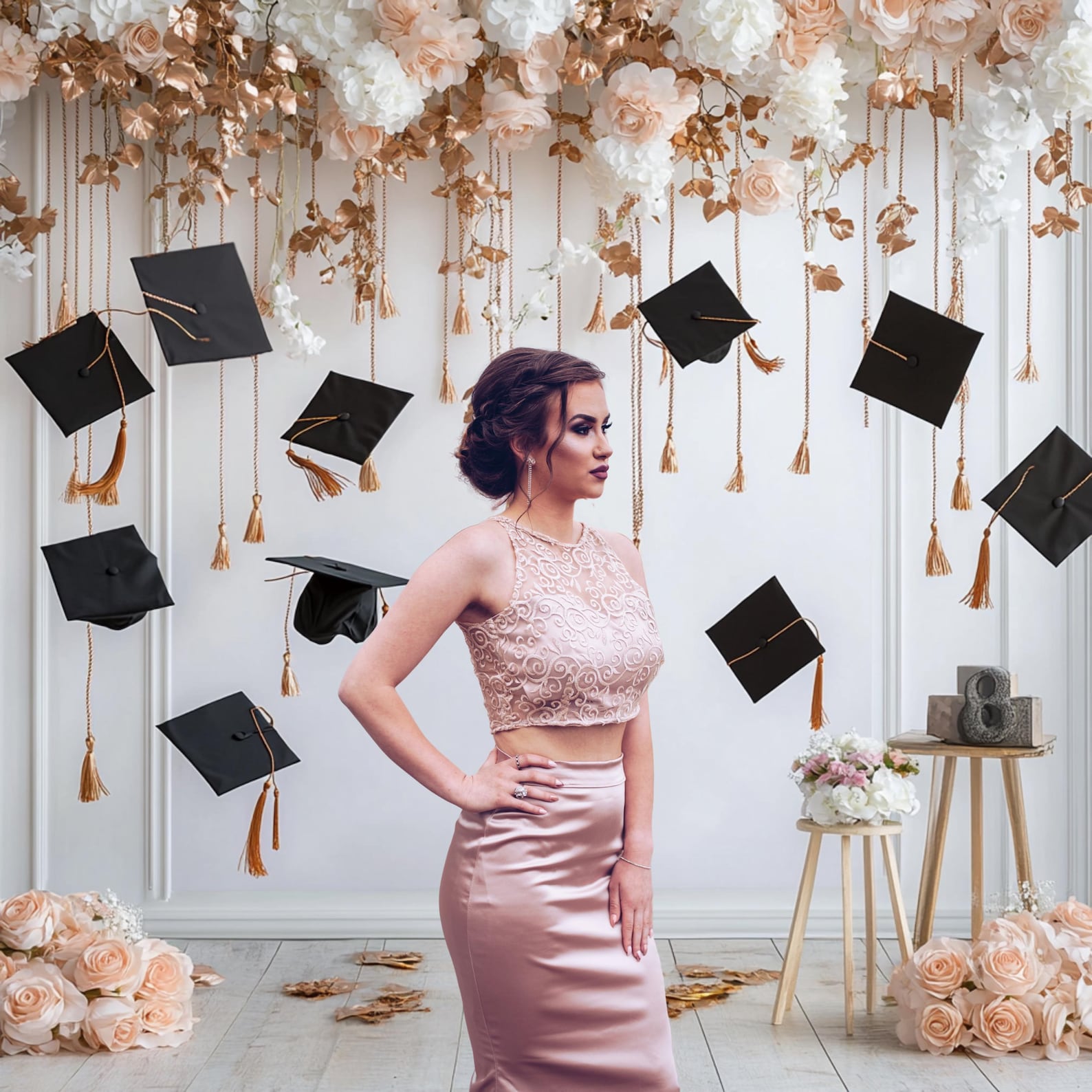 Elegant Graduation Backdrop | Black Caps With Rose Gold Floral Hanging ...